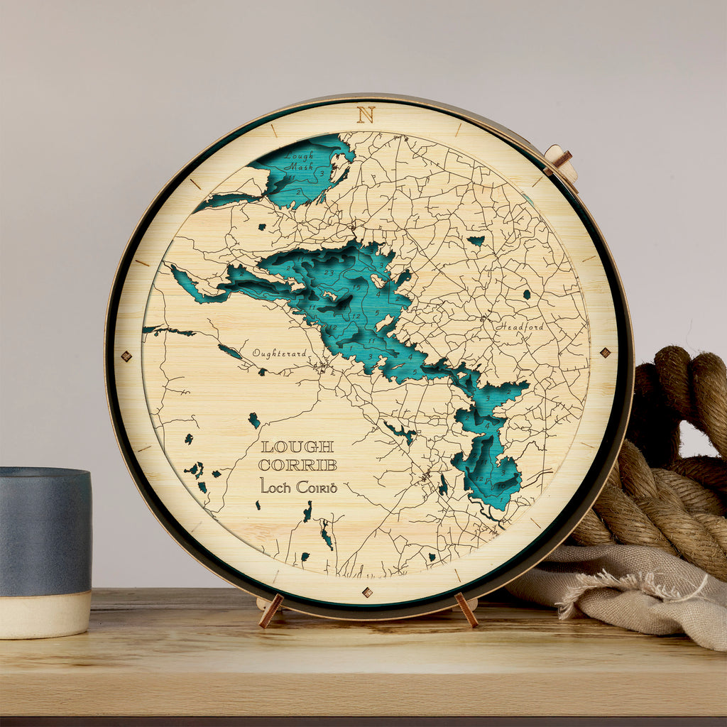 Lough Corrib round wooden 3d map – Handcrafted Irish Lake Art